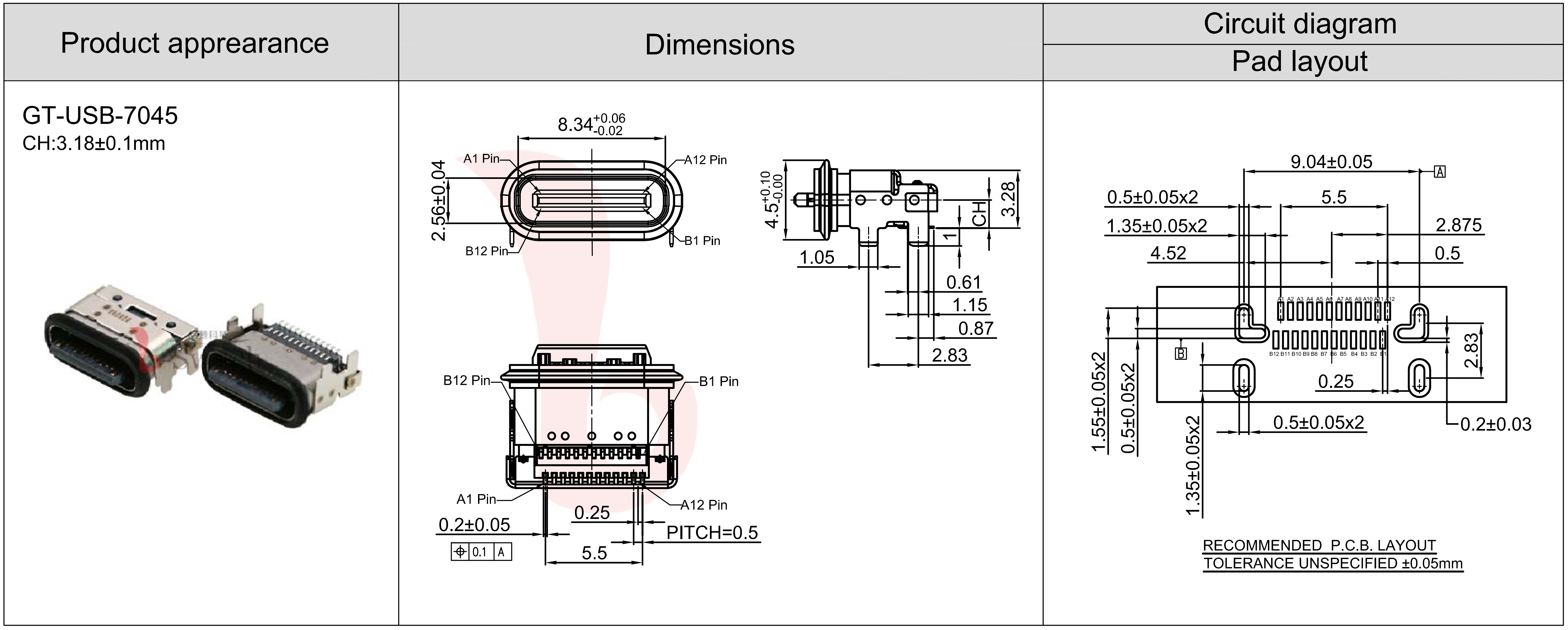 小型防水IPX7板上24PIN TYPE-C母座_品赞电子