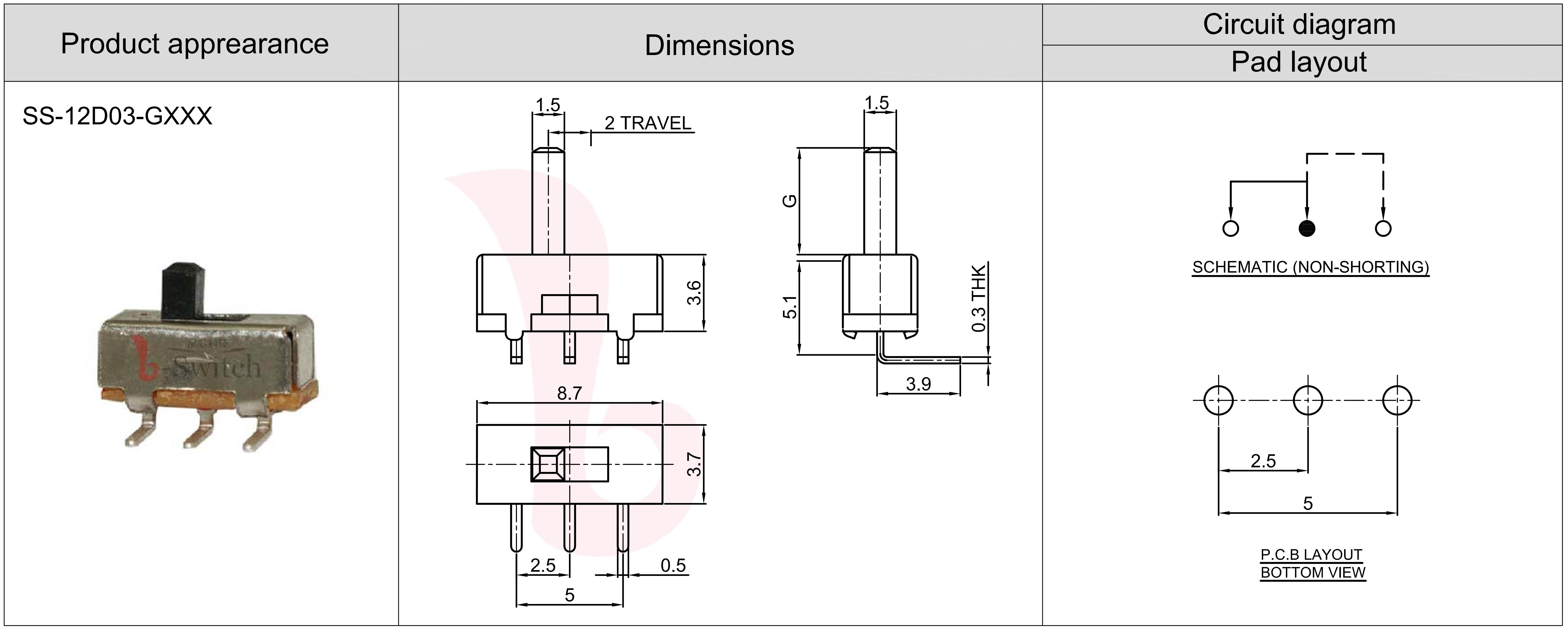 1P2T拨动开关SS-12D03_品赞电子