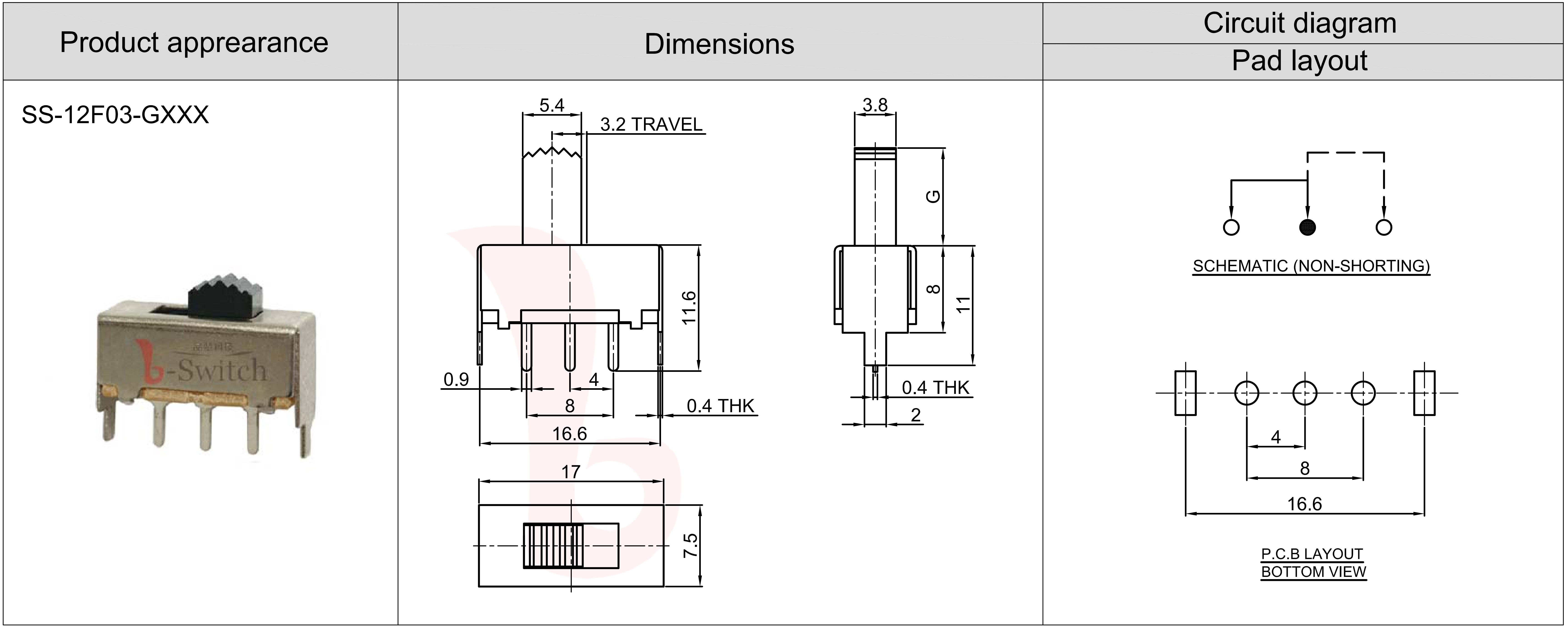 1P2T拨动开关SS-12F03_品赞电子